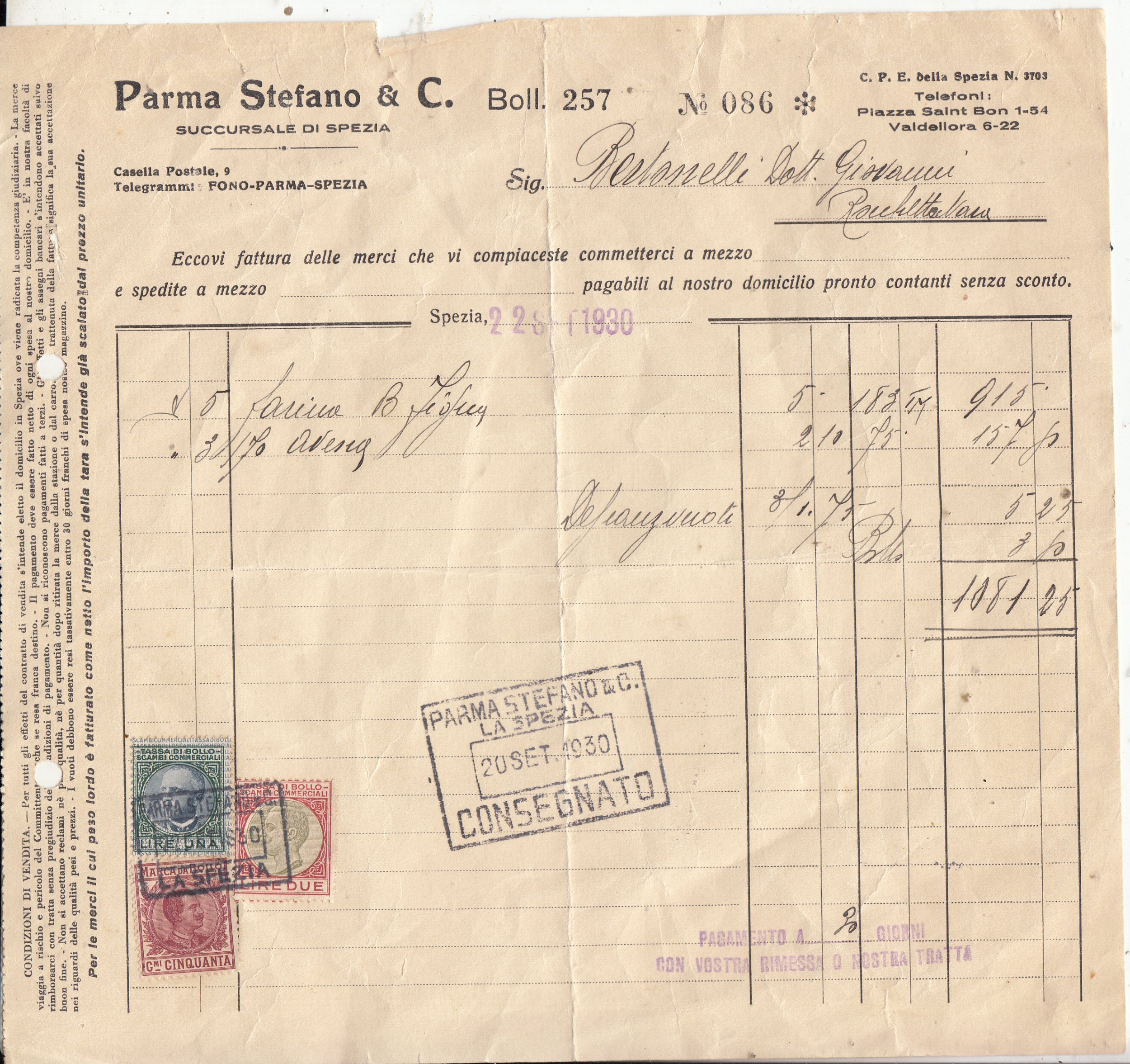 Large Italian Invoice With Three Revenue Stamps | Ephemera - Bills of ...