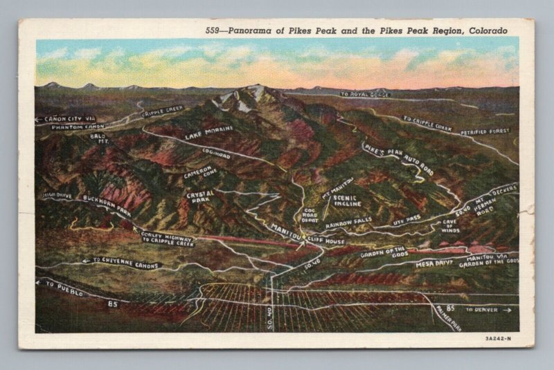 Pikes Peak Map City Names Locations Labeled Rockys Colorado Postcard ...