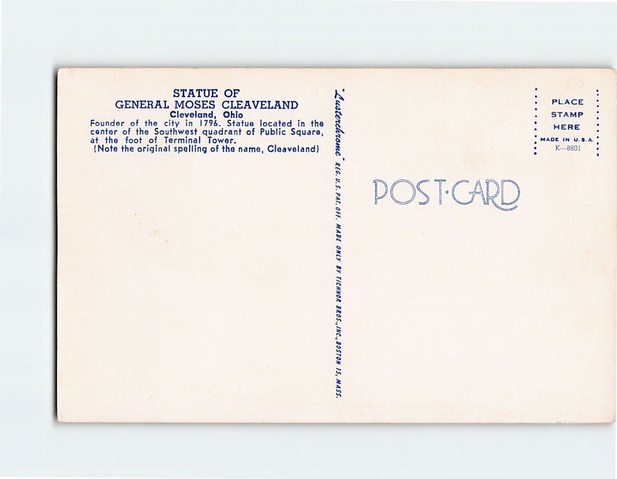 Postcard - Statue Of General Moses Cleaveland - Cleveland, Ohio ...