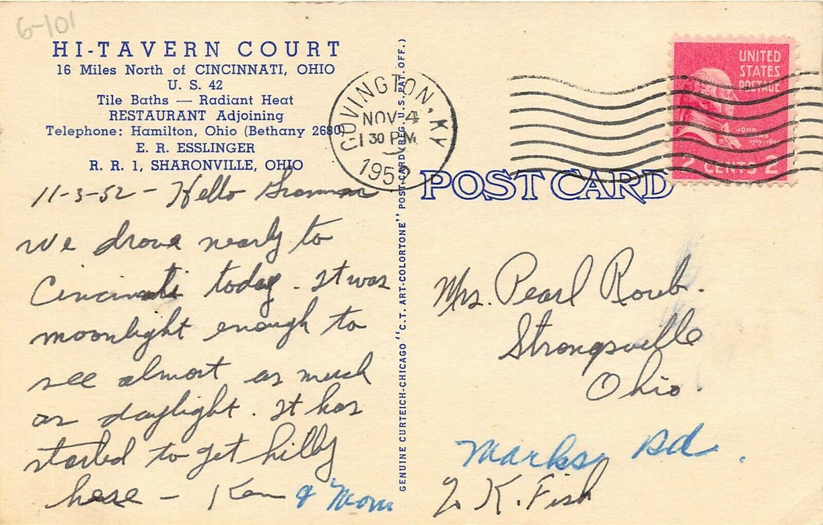 Cincinnati Ohio 1952 Postcard Hi-Tavern Court Motel | United States ...