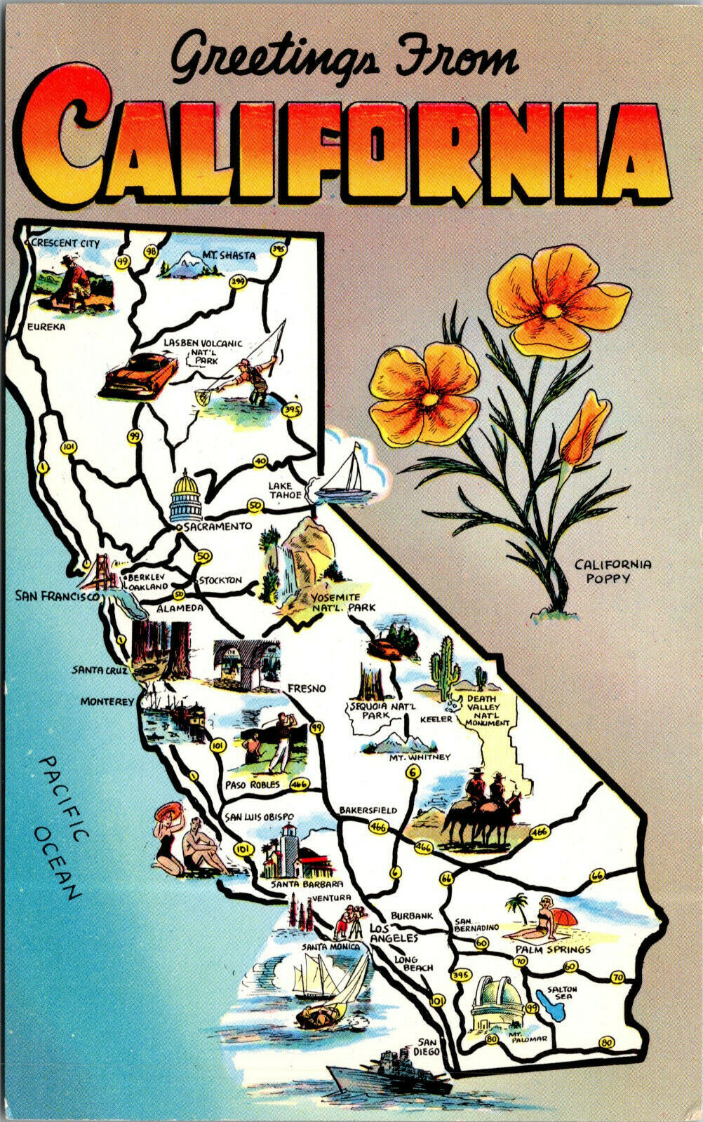 Vtg 1950s Greetings from California State Map Card Highways Towns ...
