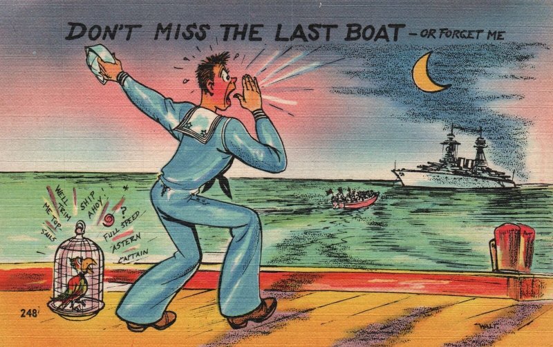 Vintage Postcard Man Shouts Left By The Boat Don't Miss The Last Boat ...