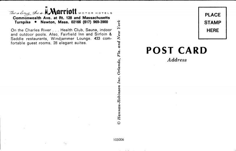 Vintage Postcard the Marriott Hotel at Newton Massachusetts C. 1960s ...