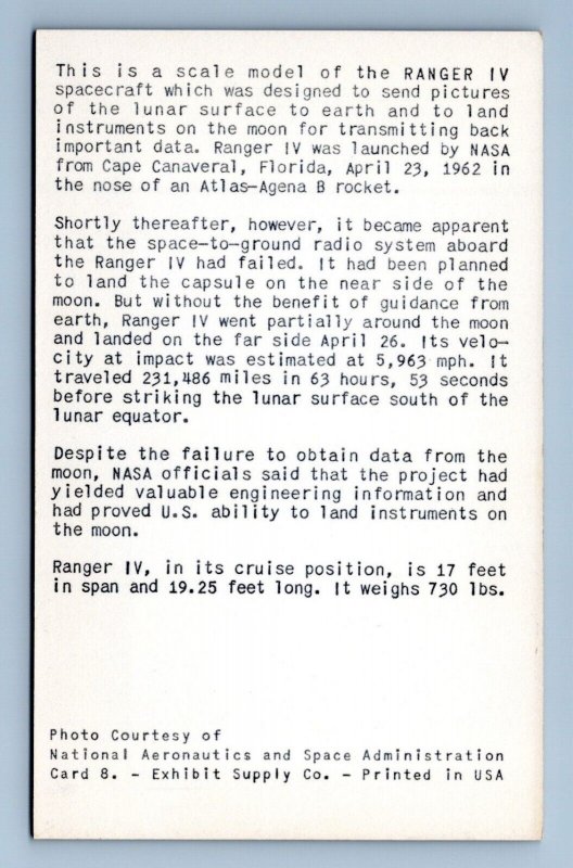 1962 NASA RANGER IV Satellite Model Card 8 of 32 Exhibit Supply Arcade ...