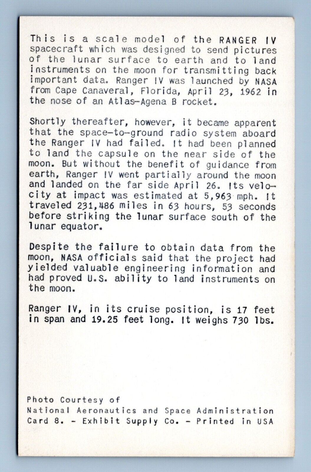 1962 NASA RANGER IV Satellite Model Card 8 of 32 Exhibit Supply Arcade ...