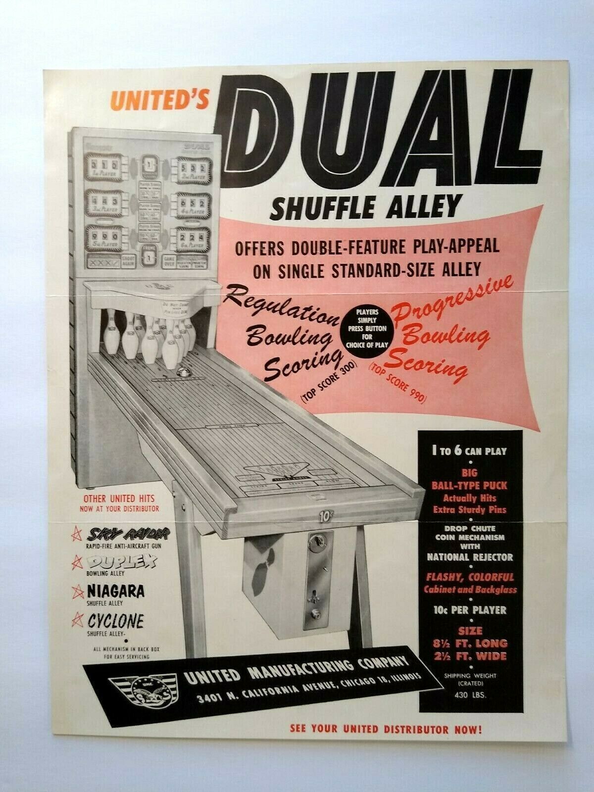 Dual Shuffle Alley United Arcade FLYER Original Puck Bowler Game Art ...