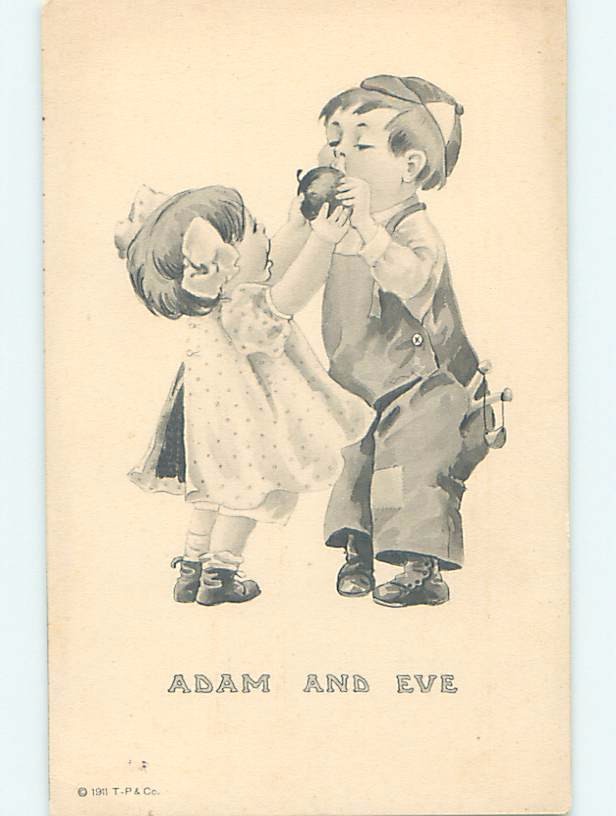 Pre-Linen Adam and EVE - BOY With Slingshot Takes Bite of Girl's Apple ...