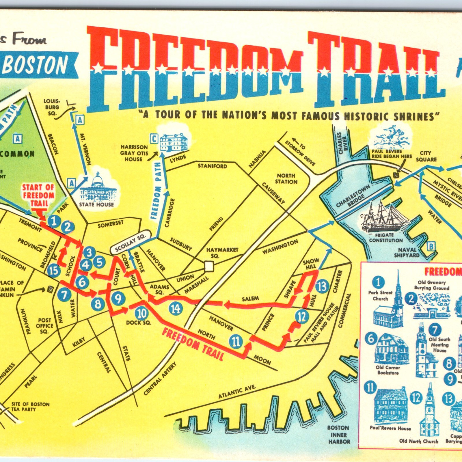c1960s Boston, MA Freedom Trail Map Historic Boston Greetings from ...