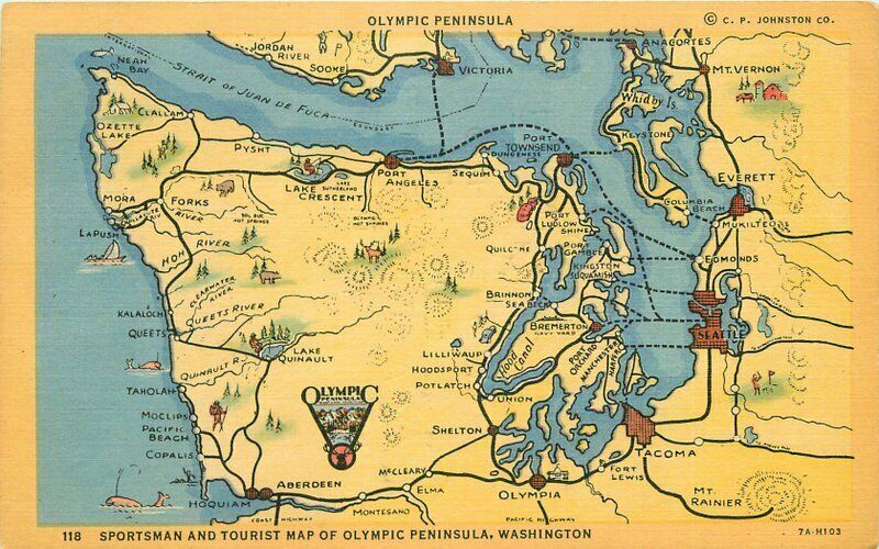 Olympic Peninsula Washington Map Attractions Teich Postcard 21-7658 ...