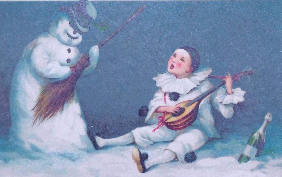Vintage New Year Postcard - Pierrot Playing Banjo Snowman Broom ...