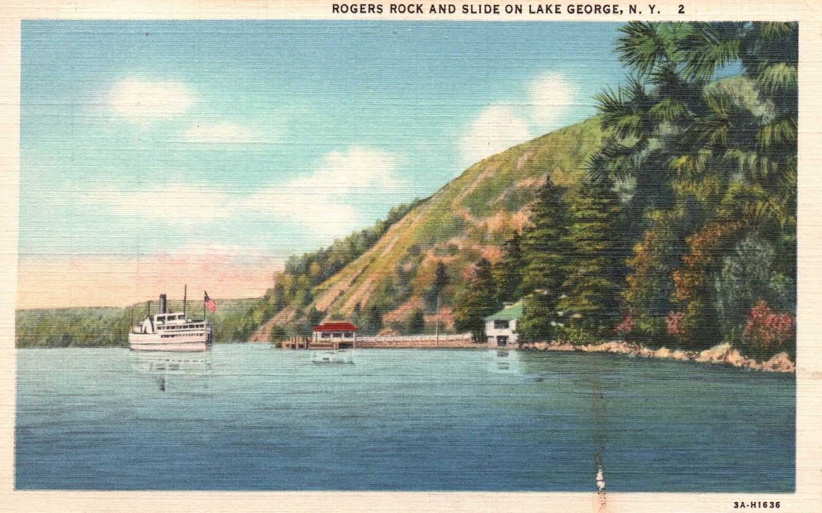 Vintage Postcard 1938 Rogers Rock & Slide Hill Boat Trees Lake George ...