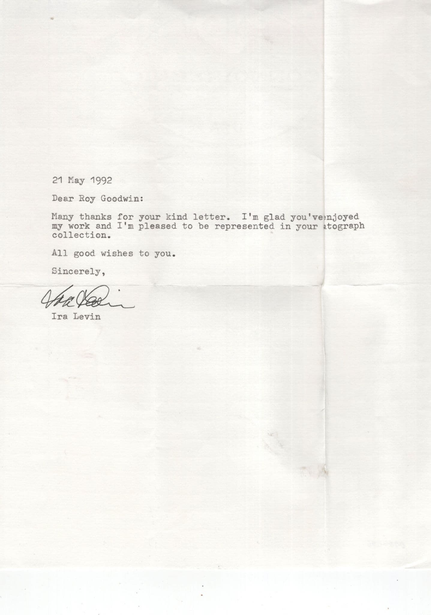 Ira Levin Book Author Rosemarys Baby Stepford Wives Hand Signed Letter ...