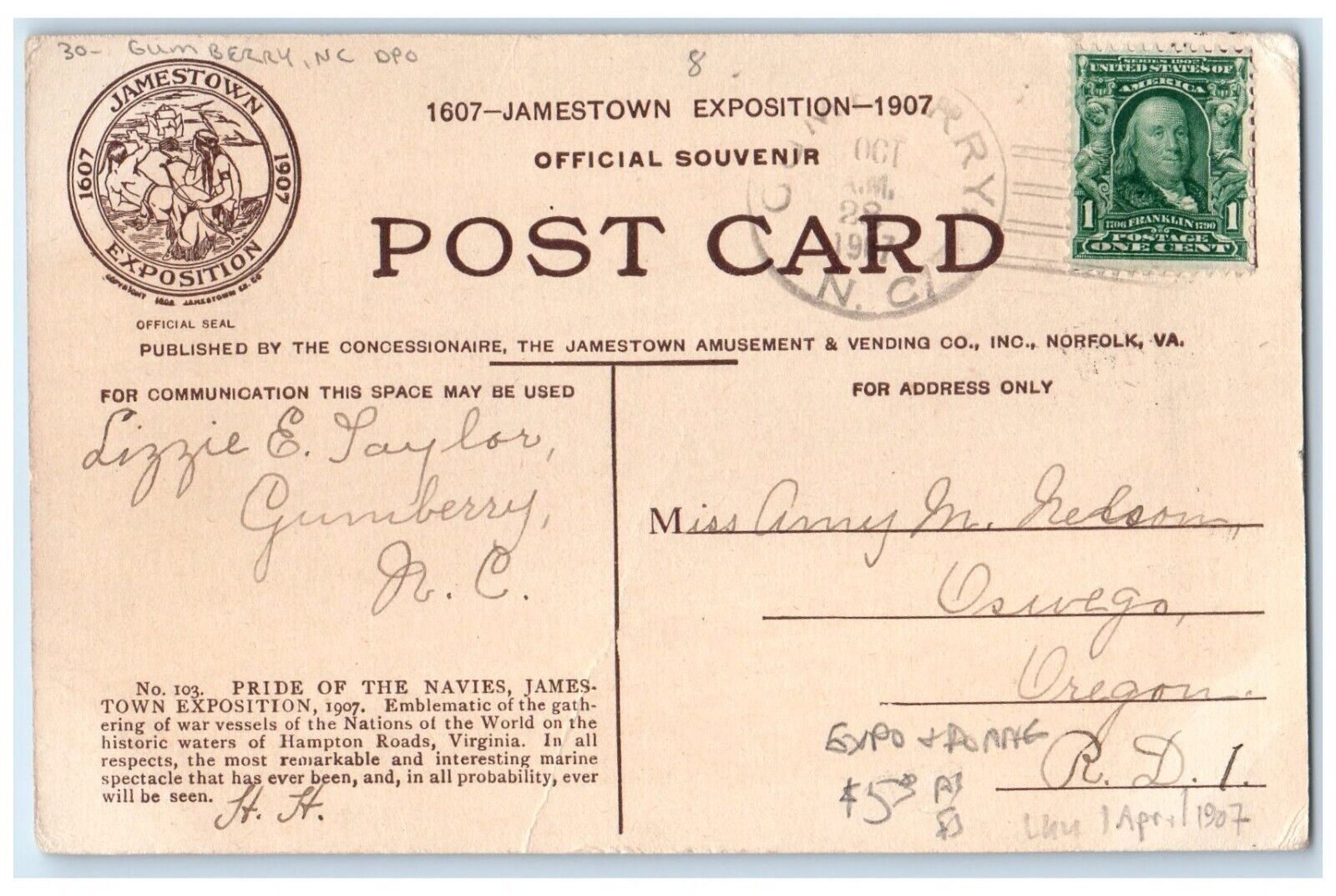 1907 Pride Of The Navies Jamestown Exposition Gumberry NC DPO Antique ...