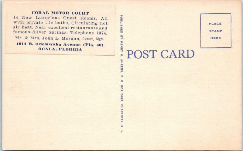 OCALA, FL Florida CORAL MOTOR COURT c1940s Roadside Linen Postcard ...