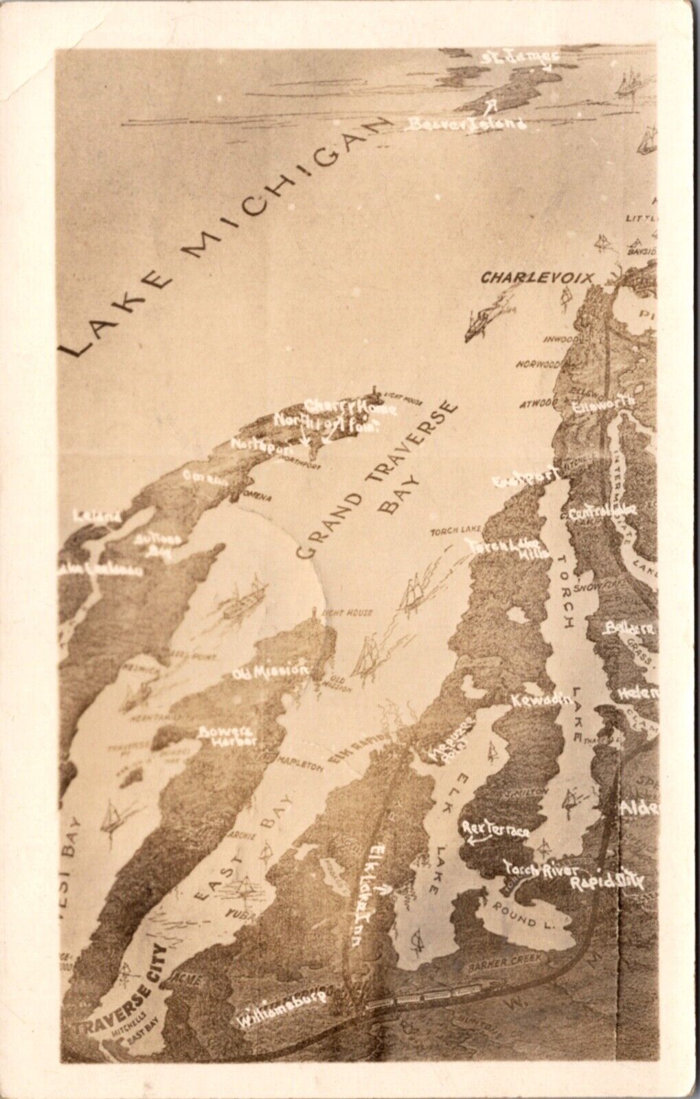 Real Photo PC Map Overview of Lake Michigan, Grand Traverse Bay ...