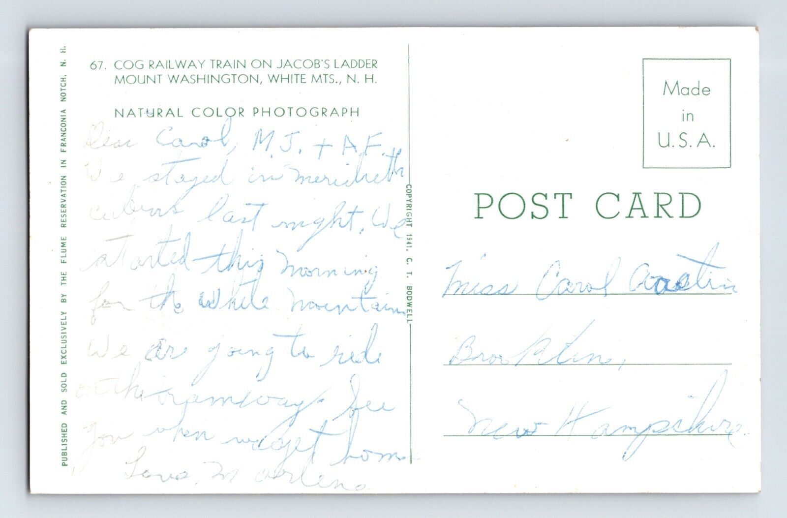 Postcard Railroad Train Mt Washington Cog Jacob Ladder 1940s Unposted ...