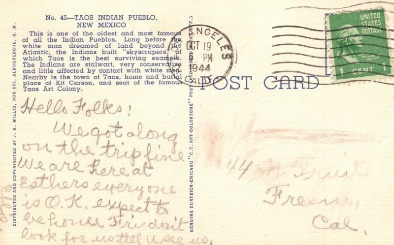 Vintage Postcard 1944 Taos Indian Pueblo Oldest And Most Famous New ... Vintage Postcard 1944 Taos Indian Pueblo Oldest And Most Famous New ...