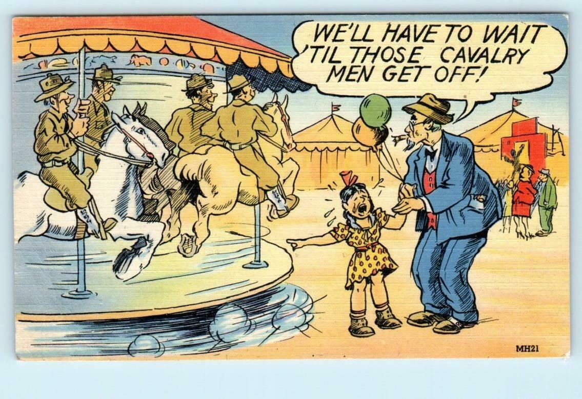 MILITARY COMIC ~ WWII Era CAVALRY MERRY GO ROUND c1940s Linen Postcard ...
