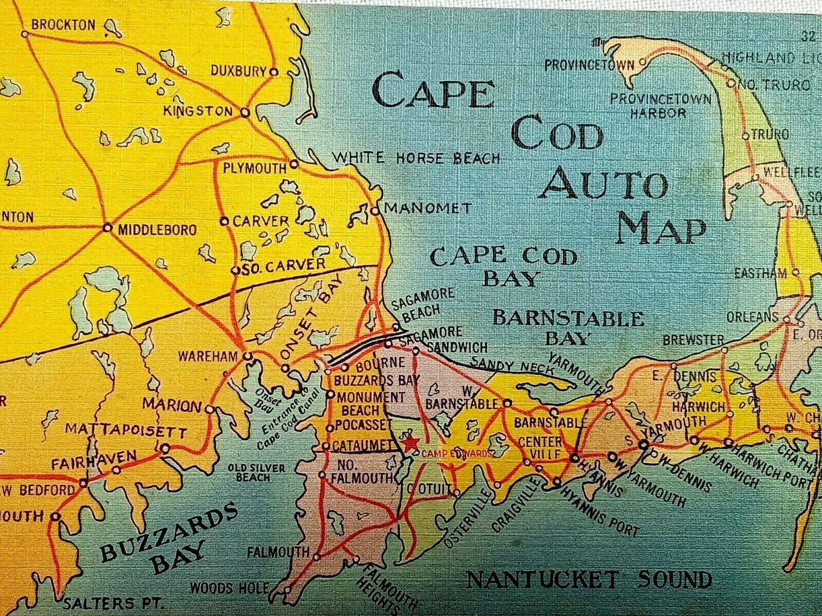 Vintage Postcard 1930'S Cape Cod Auto Map Nantucket Sound Buzzard Bay ...
