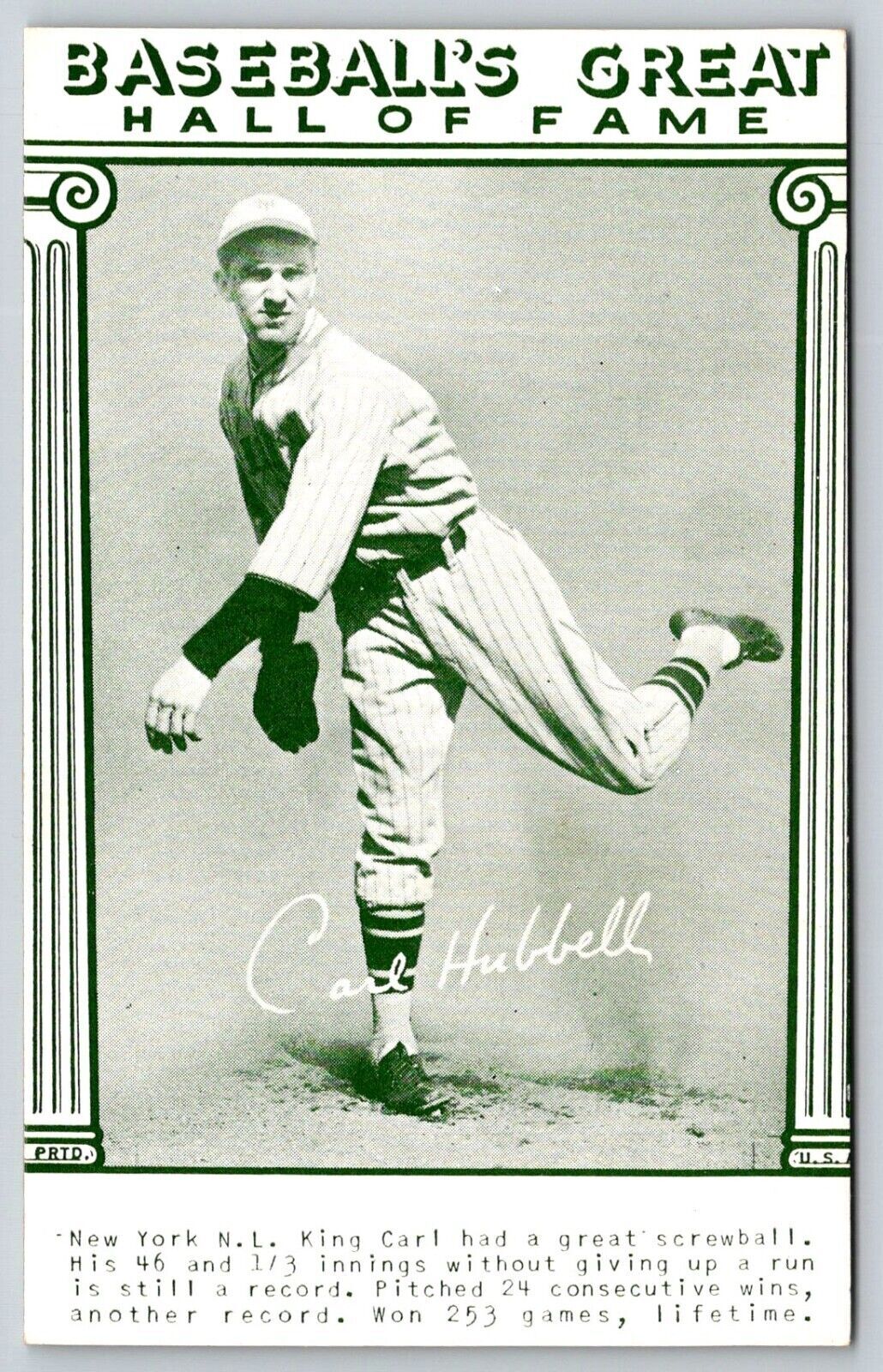 1977 Carl Hubbell Baseball's Great Hall of Fame Exhibit Arcade Card ...