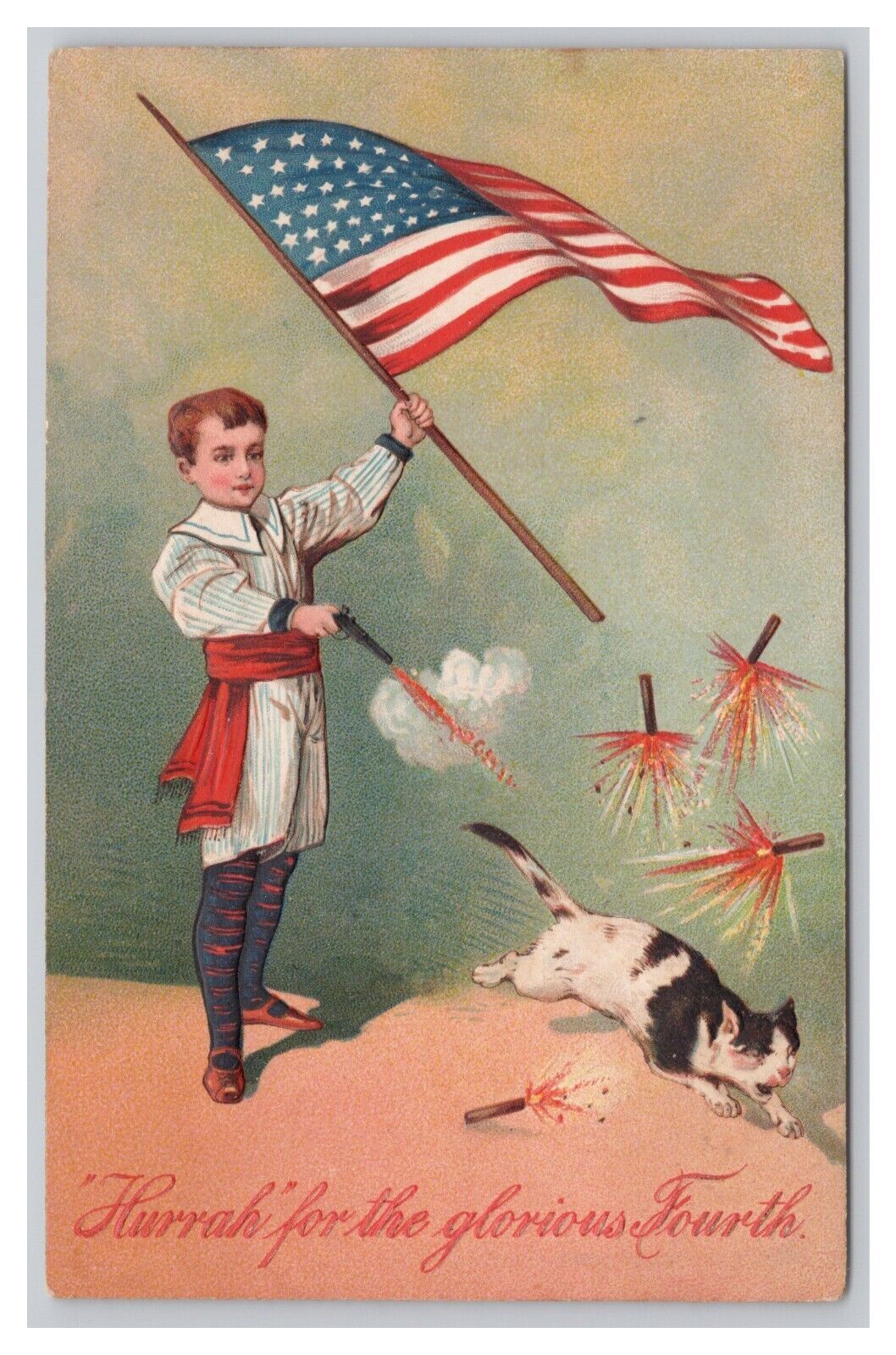 Postcard Hurrah For The Glorious Fourth Boy With Flag Scaring A Cat ...