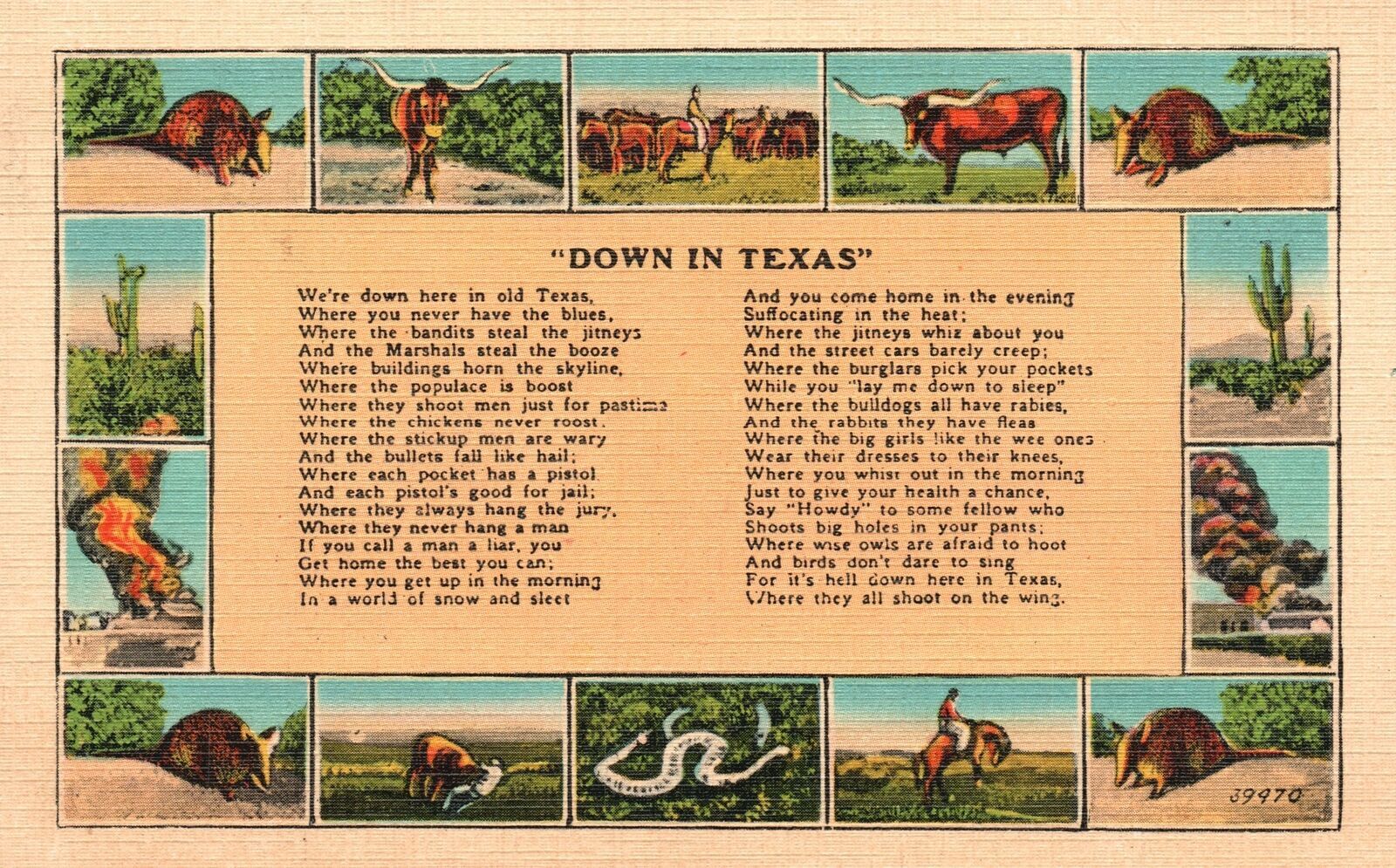 Vintage Postcard Down In Texas Animals In The Wild Desert Cactus Poem ...