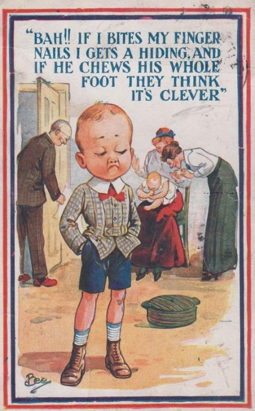Jealous Brother with Baby Biting Feet Nails Antique Comic Postcard ...