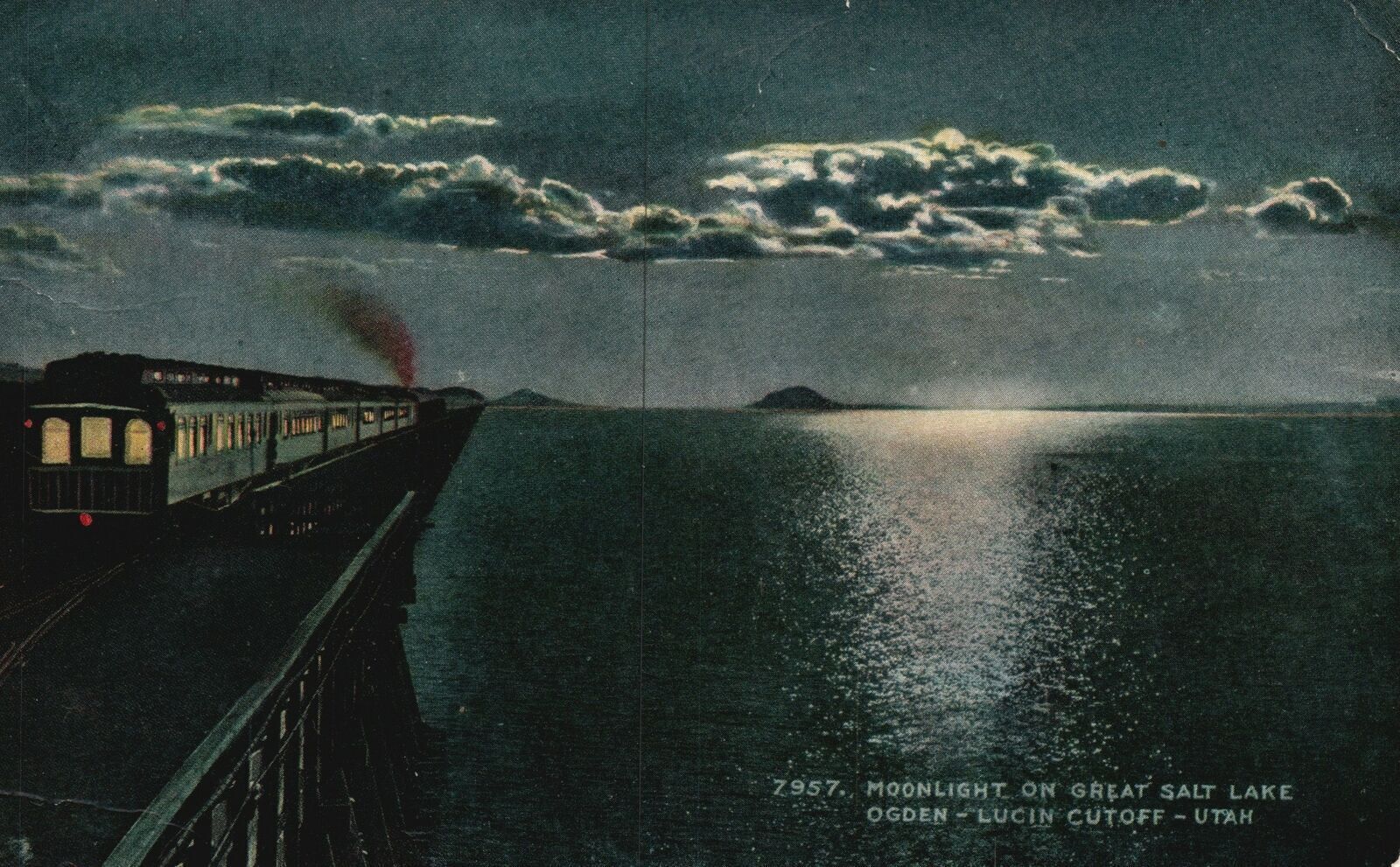 Vintage Postcard 1916 Moonlight On Great Salt Lake Ogden Lucin Cut Off ...