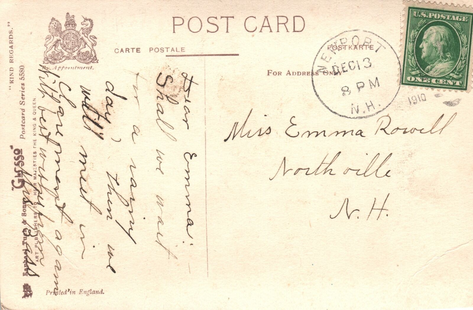 Vintage Postcard 1910's Kind Regards Souvenir Remembrance Card Raphael ...