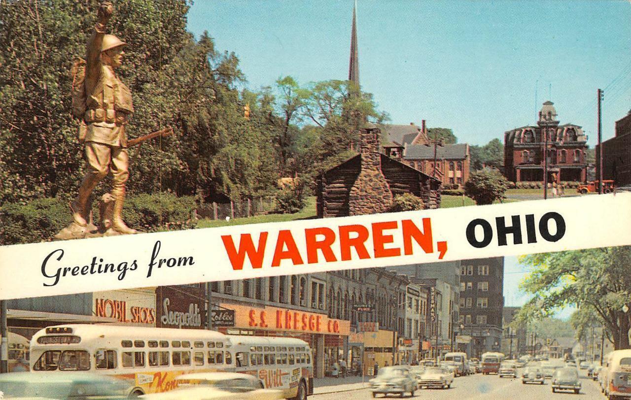 WARREN, OHIO Market Street Scene Cars Banner Greetings 1950s Vintage ...