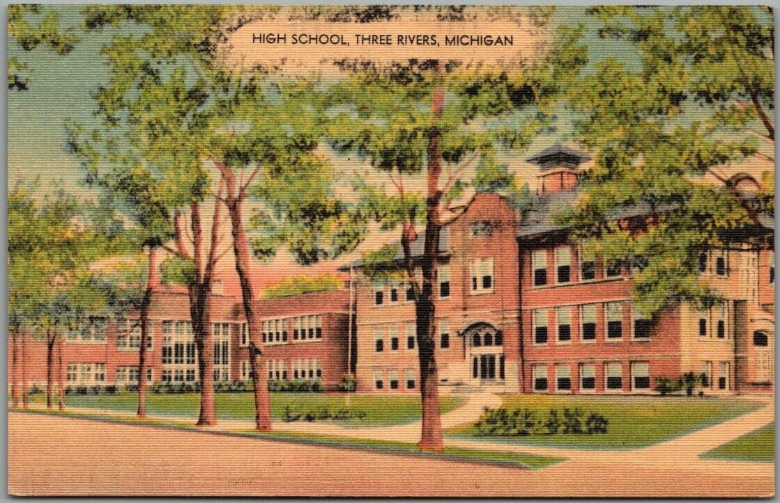 1940s Three Rivers, Michigan Postcard HIGH SCHOOL Building / Street ...