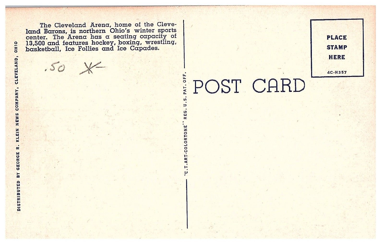 Postcard Interior Cleveland Arena Home of the Barons Hockey Team ...