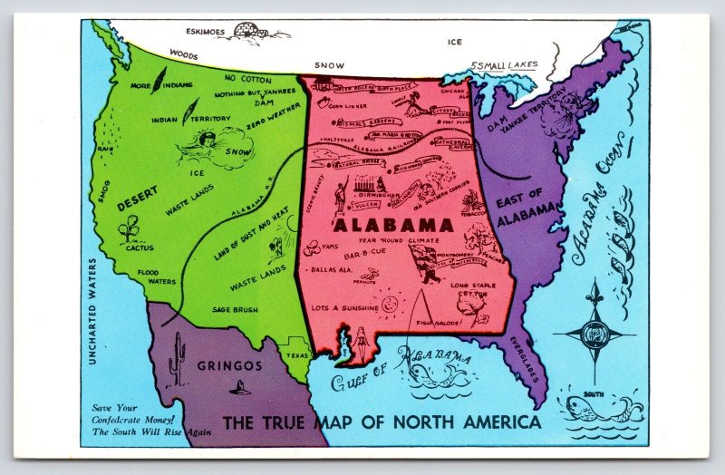 Alabama Comic Exaggerated State Postcard~True Map of North America ...