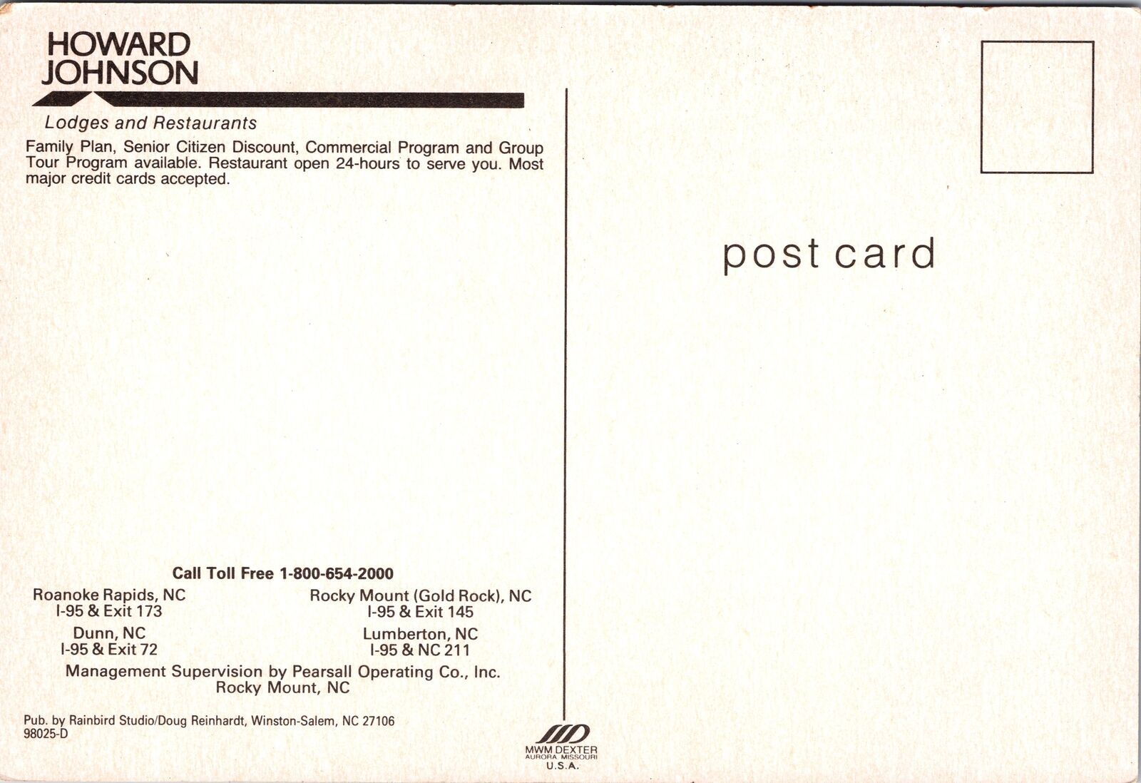 Continental Size Postcard Howard Johnson Advertising 4 North Carolina ...