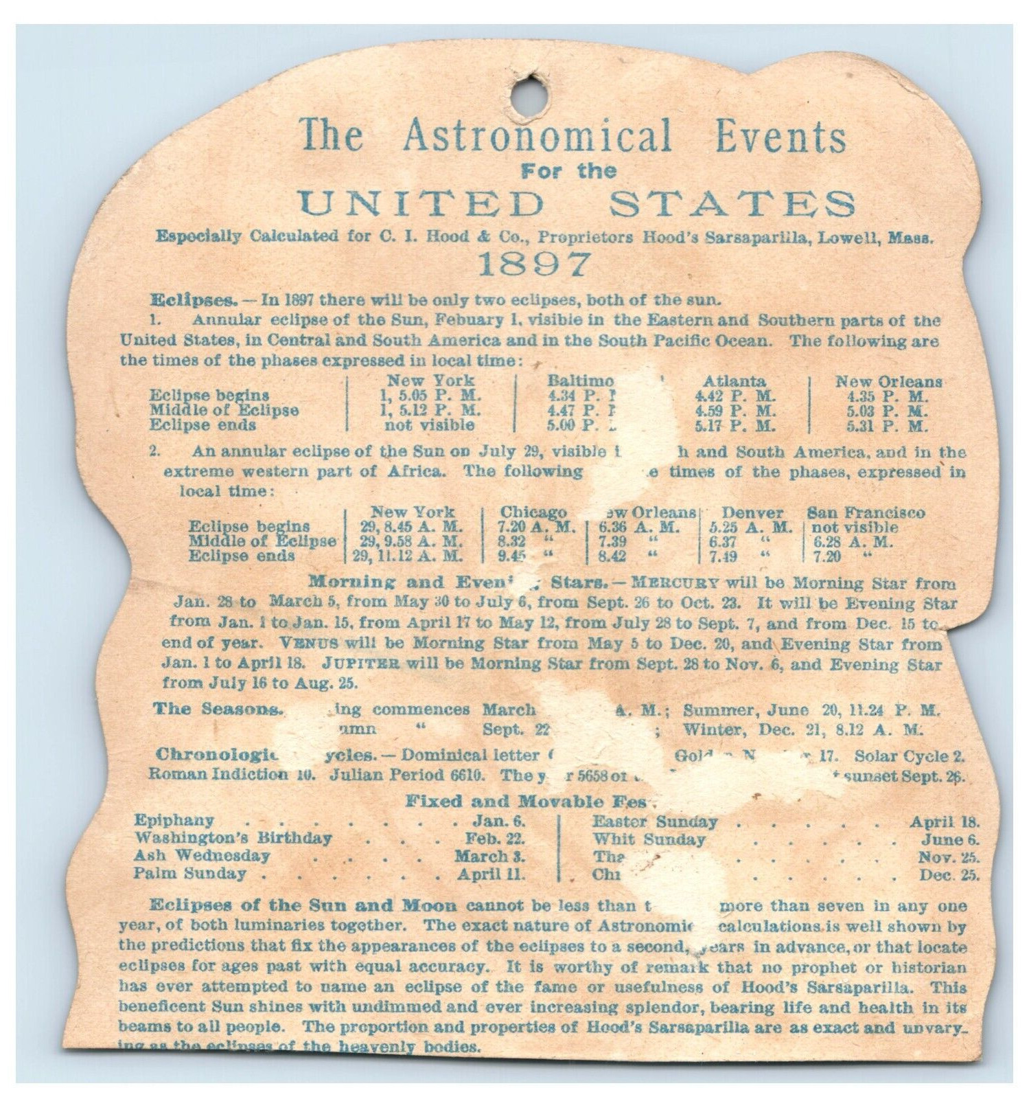 1897 Calendar Top Hood's Sarsaparilla List Of Astronomical Events #6O ...