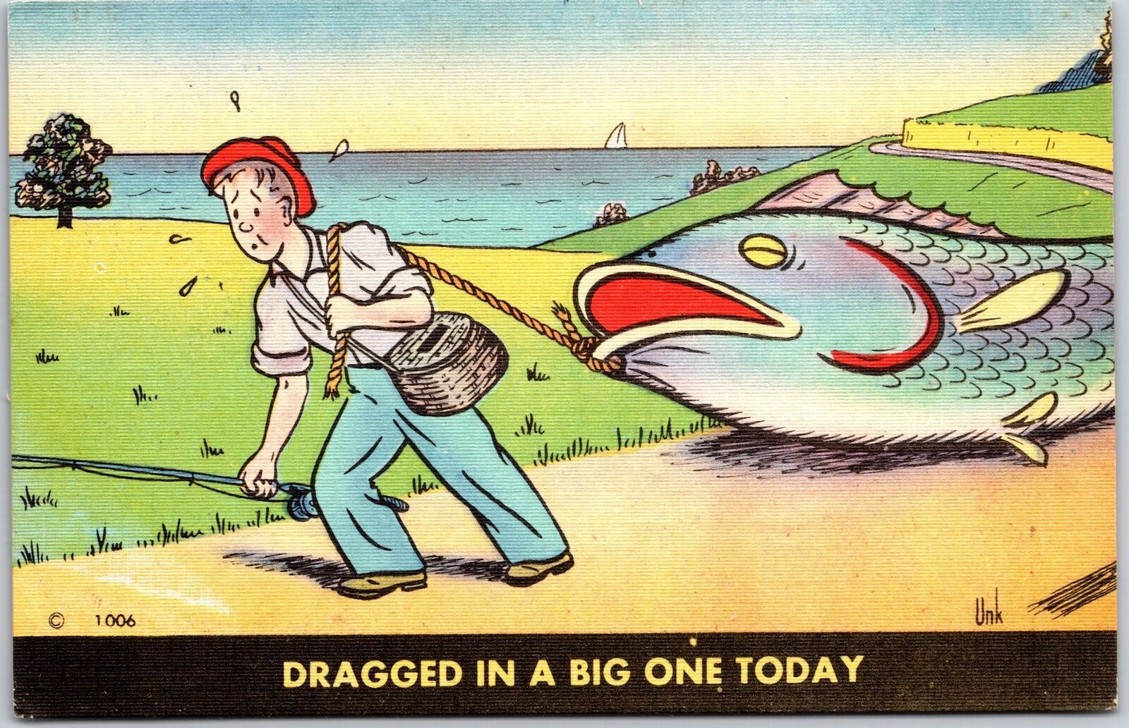 Man Dragging A Giant Fish "Dragged In A Big One Today" Comic Card ...