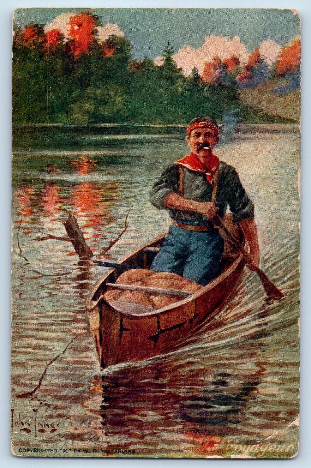 John Innes Signed Artist Postcard Art Man Boating Smoking Cigarette ...