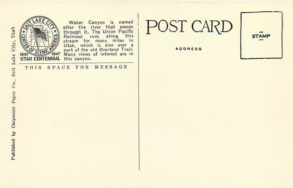 UT, Weber Canyon, Utah Centennial, Carpenter Paper No. 15598 | United ...