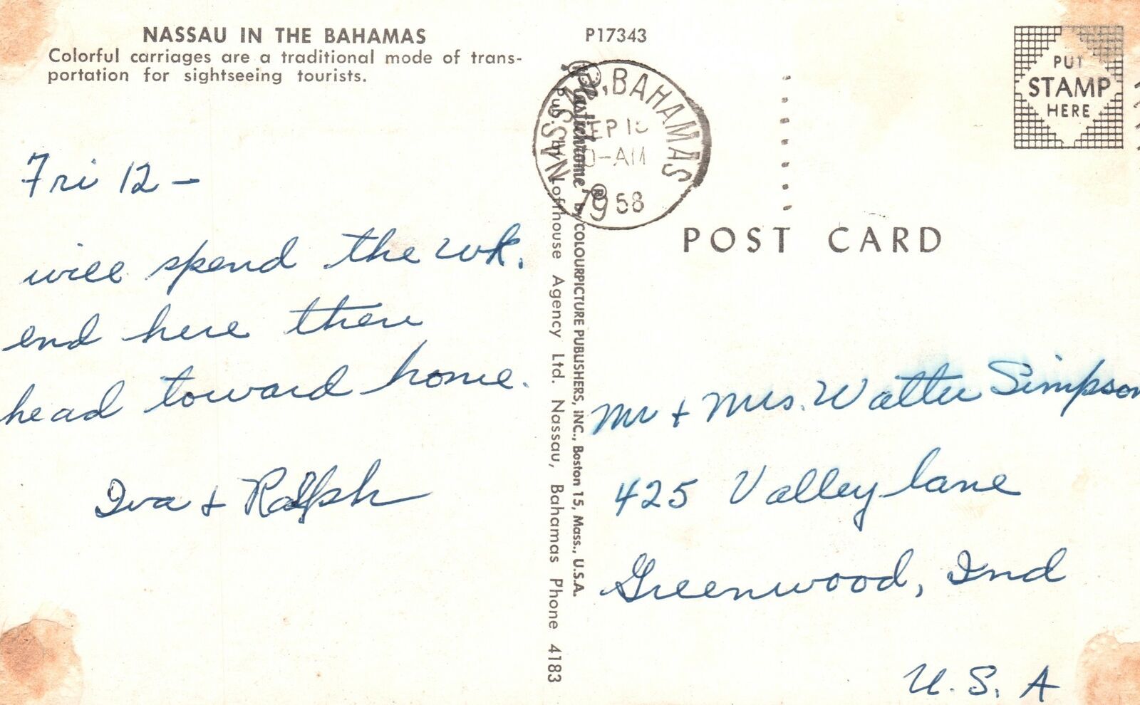 Vintage Postcard 1958 Nassau In The Bahamas Colorful Carriages ...