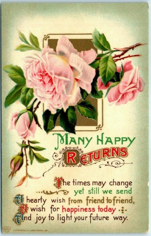 Postcard - Many Happy Returns - Birthday Greeting Card - Roses/Flowers ...