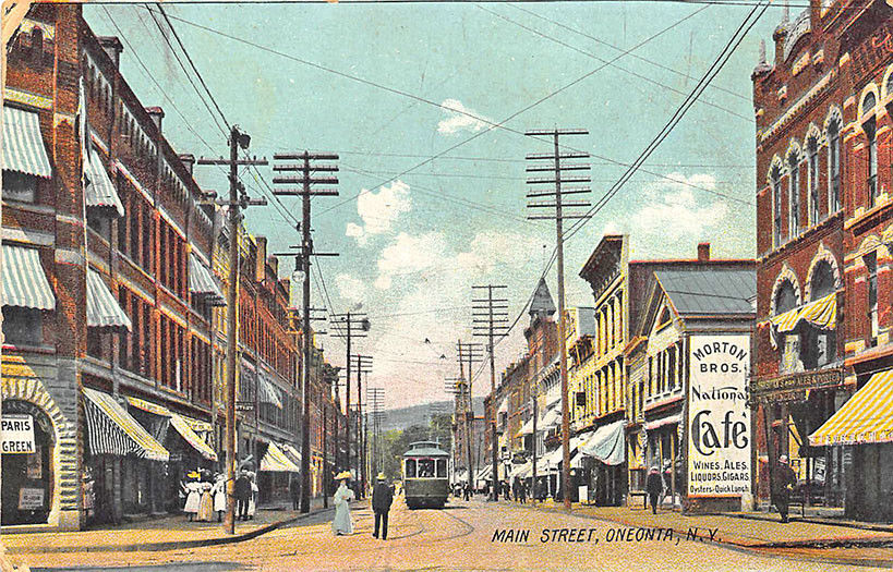 Oneonta NY Main Street Business District Trolley Signage Postcard ...