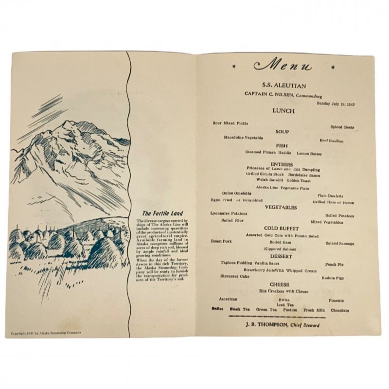 1949 Alaska Steamship Line S.S. Aleutian Lunch Menu - Malemute Dog ...