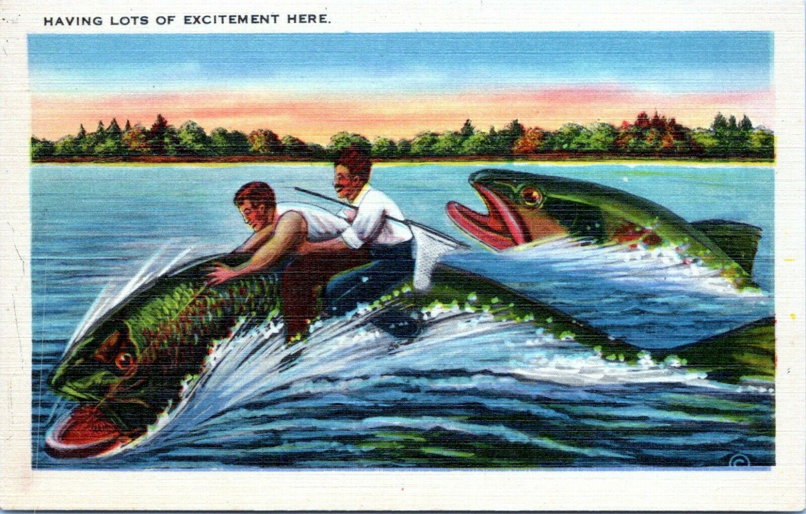 Vintage Exaggeration Postcard 1930s Men Riding Giant Fish Fishing Linen ...