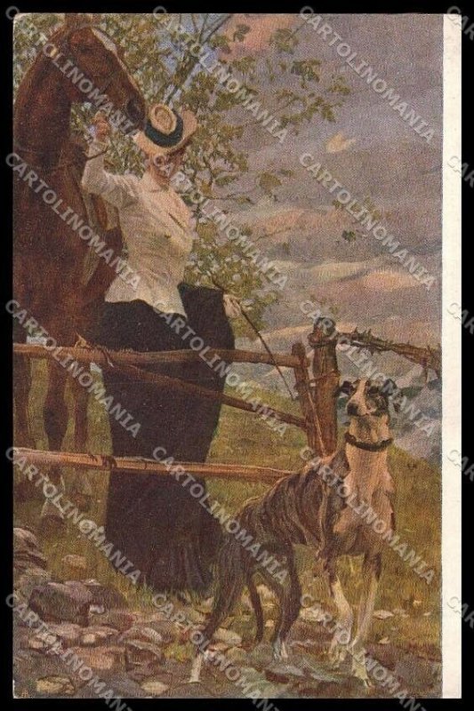 Illustratori Artist Signed E. Tito Lady Greyhound Dog Horse serie 623 ...