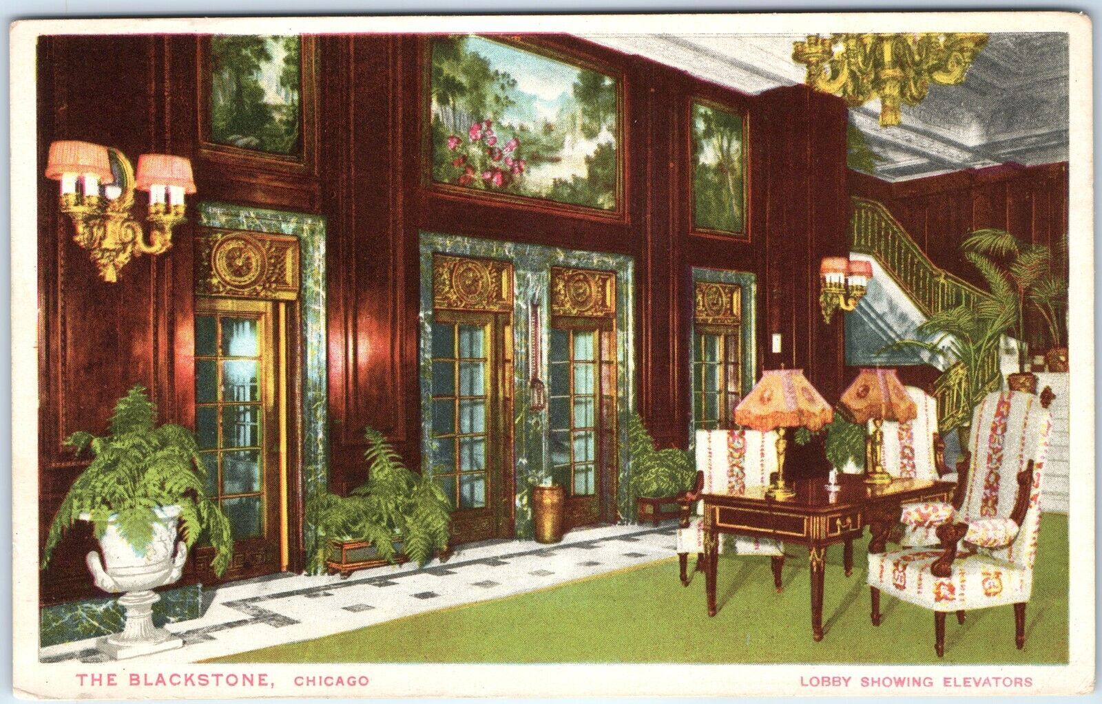 c1910s Chicago IL Blackstone Hotel Interior Lobby Elevators PC Ornate ...