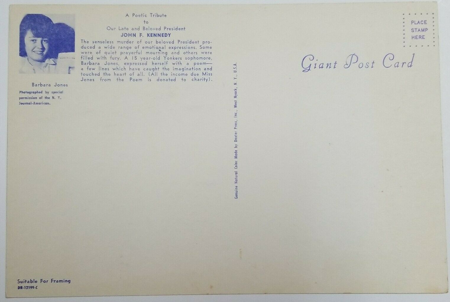Vintage 1963 Giant Postcard Special Delivery John F Kennedy Tribute ...