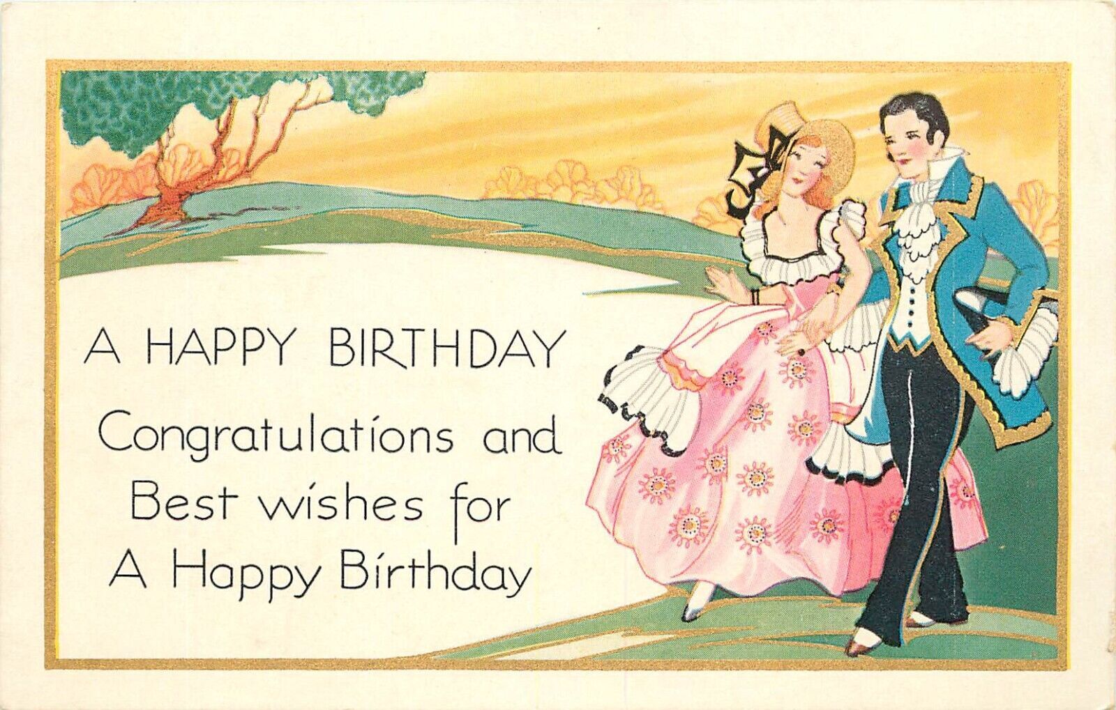 Art Deco Birthday Postcard 722 Fancy-Dressed Colonial Couple Walk in ...