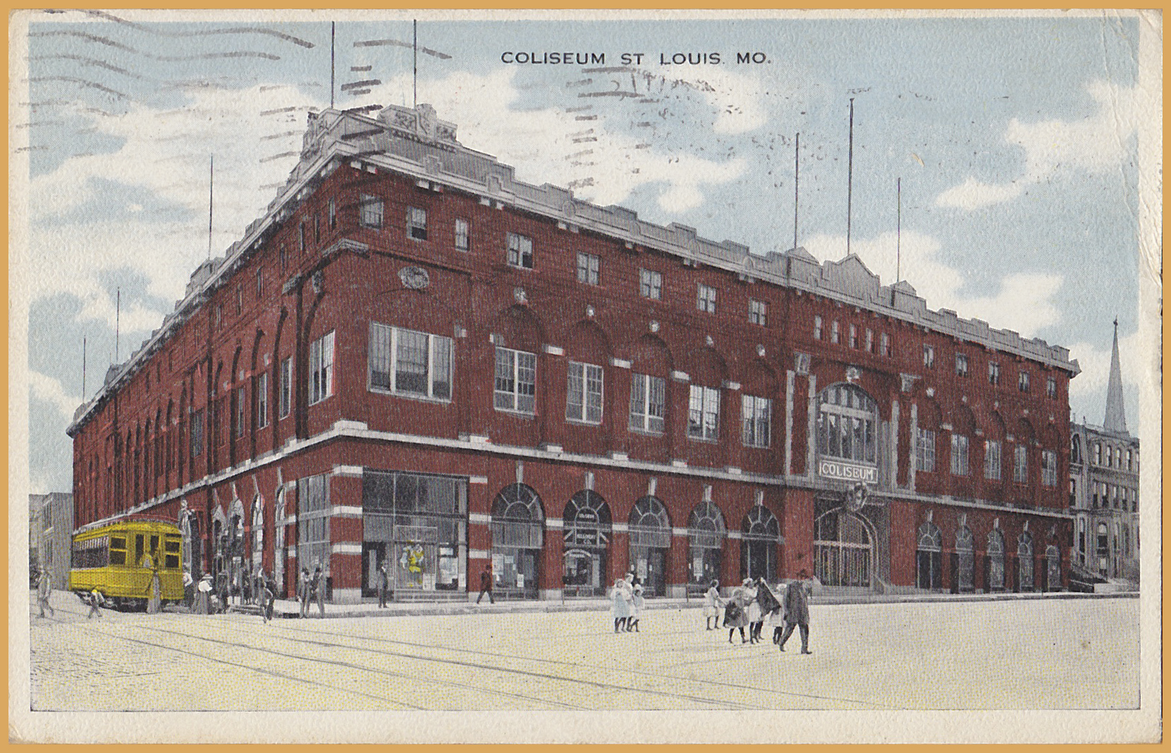 St. Louis, MO., Coliseum, with trolley and people milling about - 1915 ...