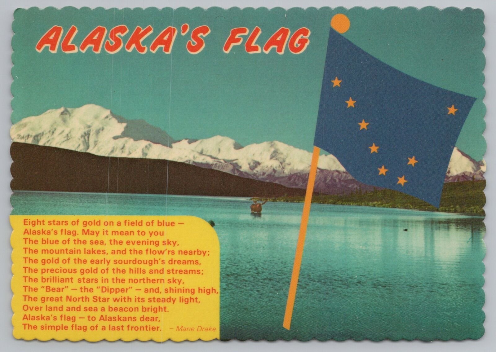 Alaska~Lake Scene Mountains & State Flag~Poem About Flag~Continental ...