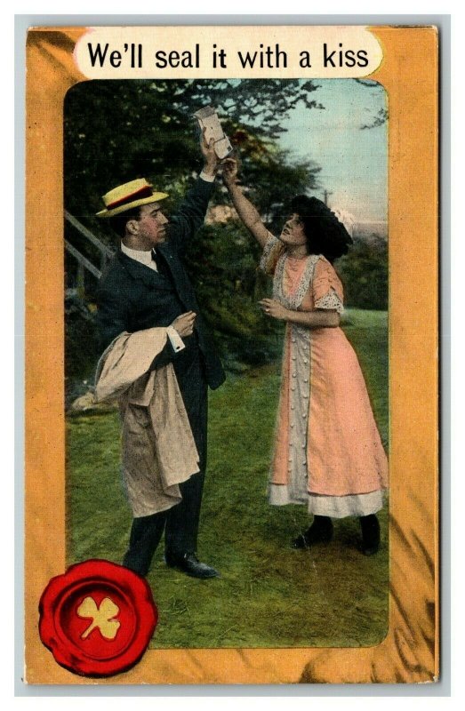 Vintage 1911 Colorized Photo Joke Postcard We'll seal it with a kiss ...